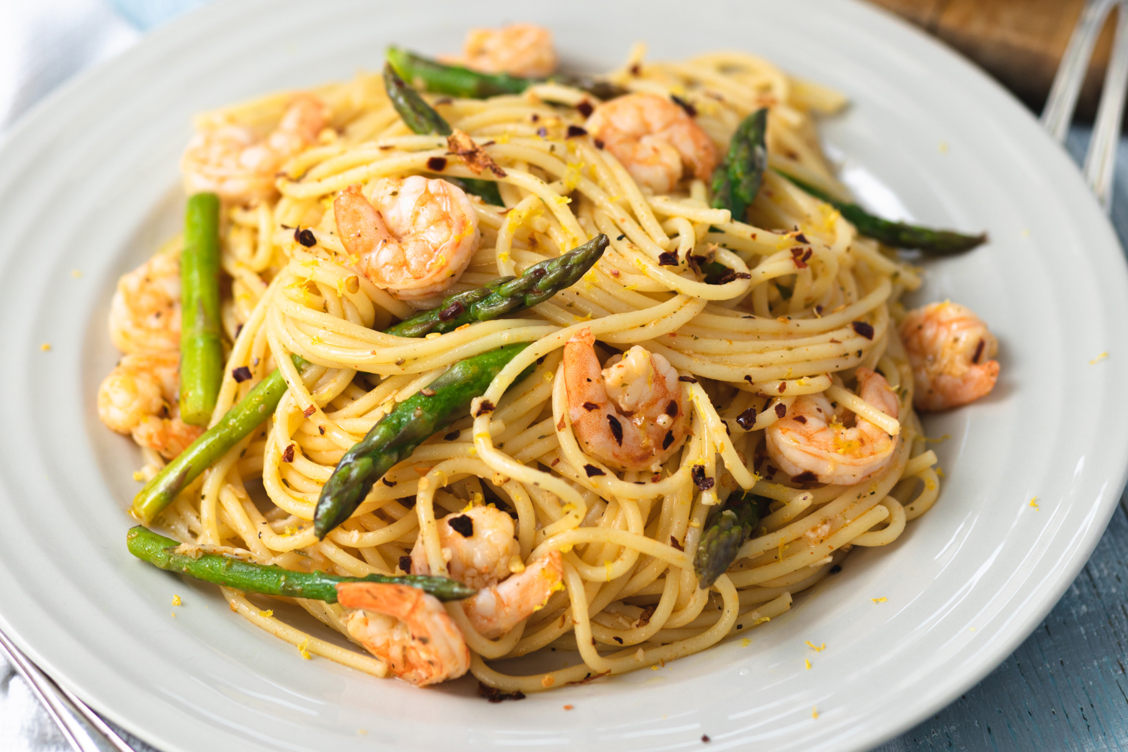 Asparagus & Garlic Prawn Spaghetti | Lower Ladysden